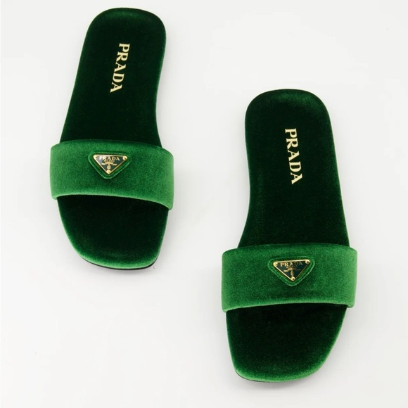Prada | Shoes | Prada Green Velvet Flat Sandals | Poshmark